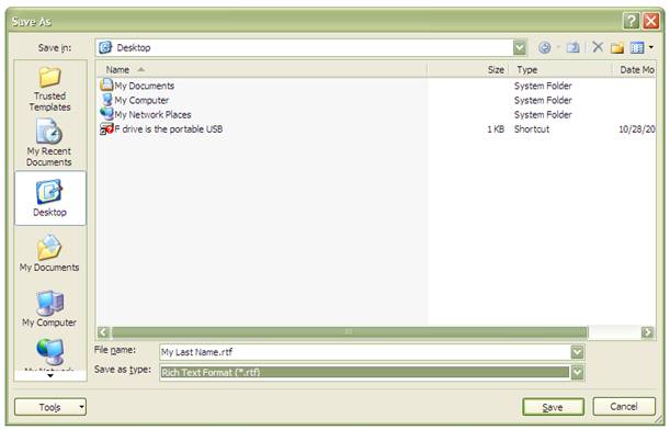 4. Save your file in Rich Text Format (seebelow).